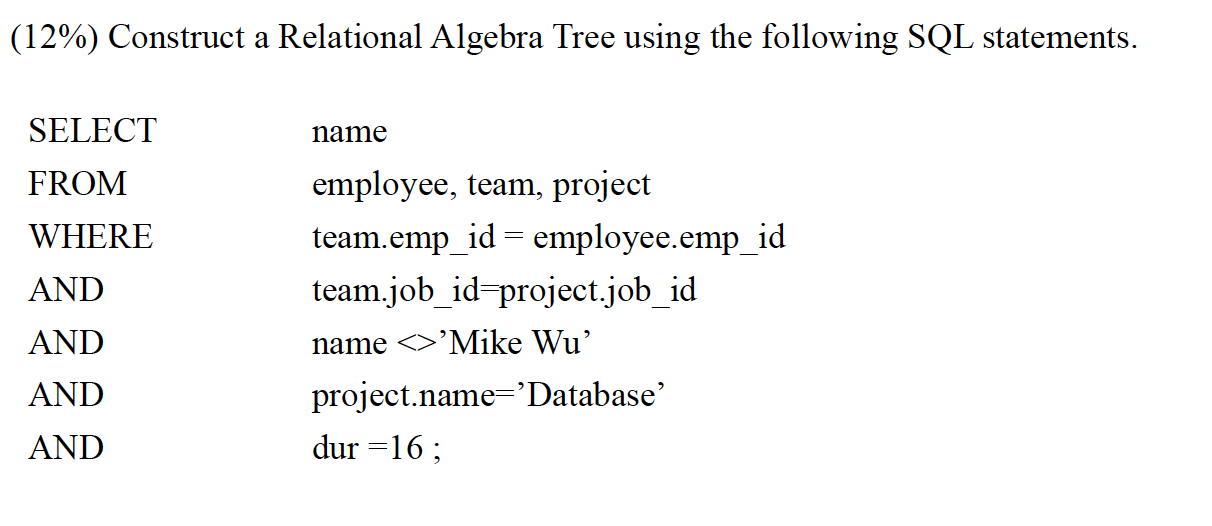 Solved (12%) Construct a Relational Algebra Tree using the | Chegg.com