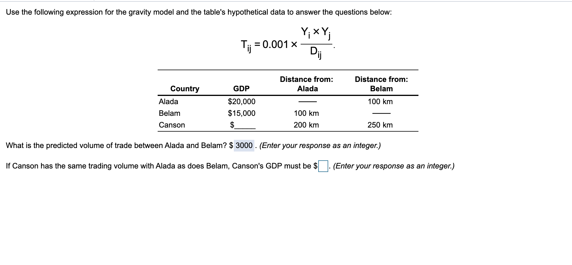 Solved Use the following expression for the gravity model | Chegg.com