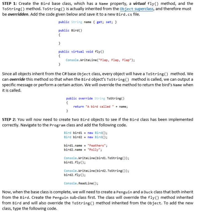 Solved Step 1 Create The Bird Base Class Which Has A Name