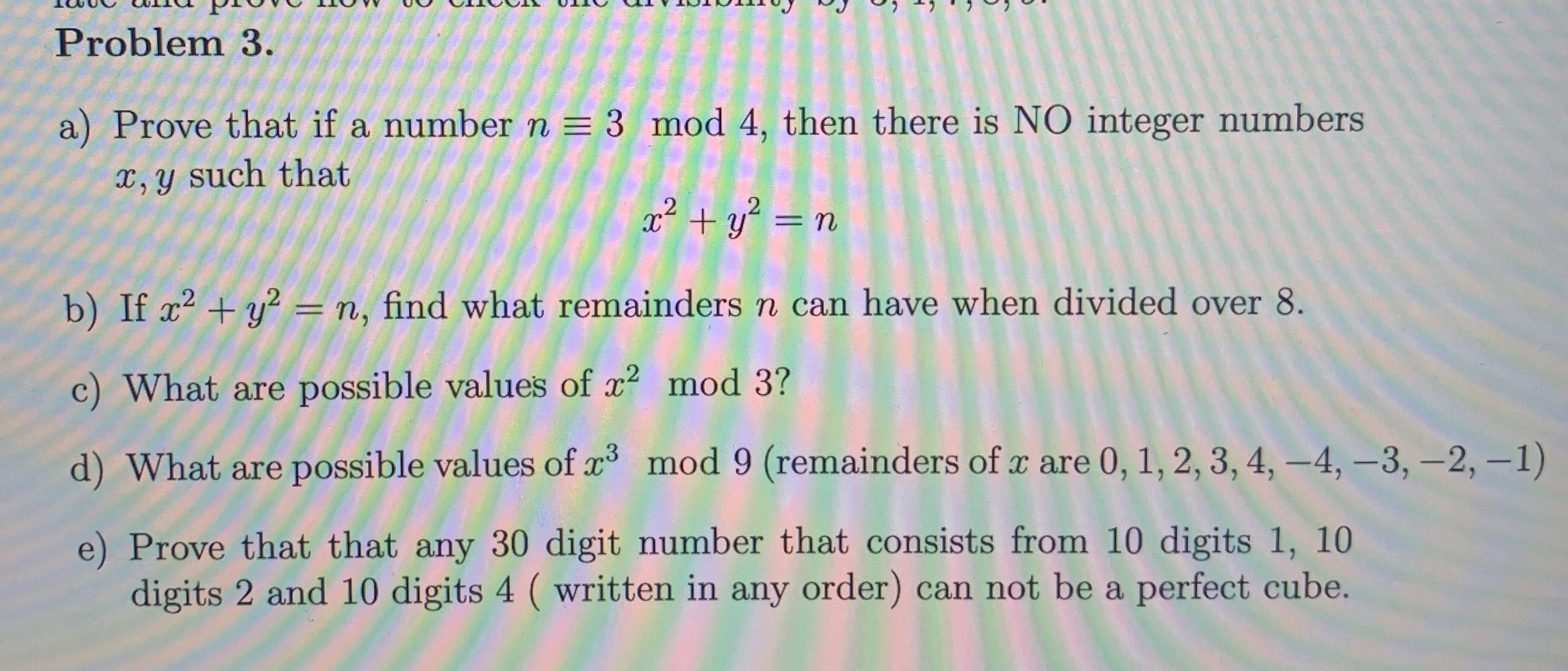 Solved a) Prove that if a number n≡3mod4, then there is NO | Chegg.com