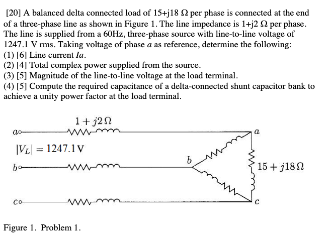 Solved [20] A balanced delta connected load of 15+j18 12 per | Chegg.com