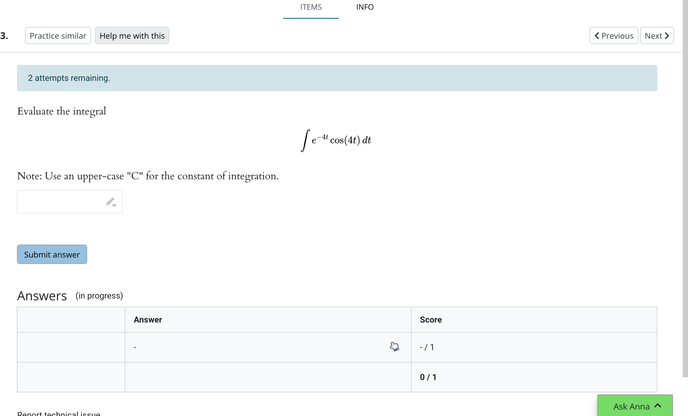 Solved 2 ﻿attempts remaining.Evaluate the | Chegg.com