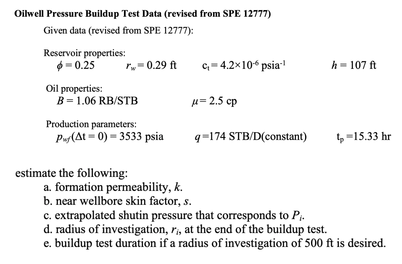 Solved Oilwell Pressure Buildup Test Data (revised from SPE | Chegg.com