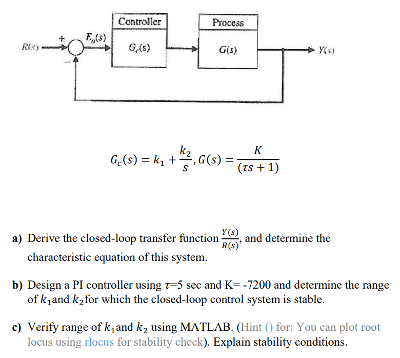 Solved Gc(s)=k1+sk2,G(s)=(τs+1)K a) Derive the closed-loop | Chegg.com