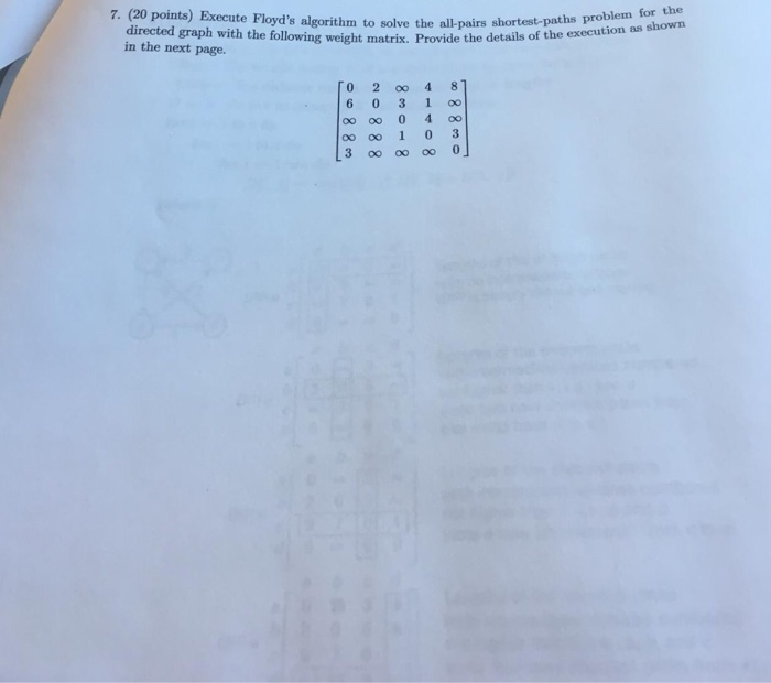 Solved 7. (20 points) Execute Floyd's algorithm to solve the | Chegg.com