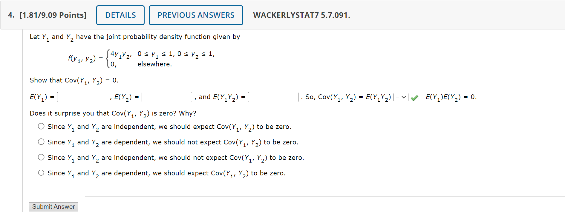 Solved Let Y1 and Y2 have the joint probability density | Chegg.com