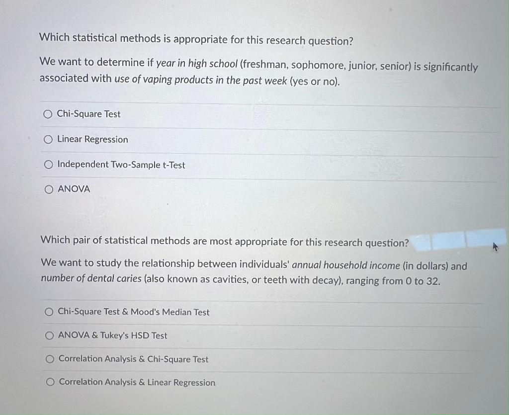 Solved Which statistical methods is appropriate for this | Chegg.com