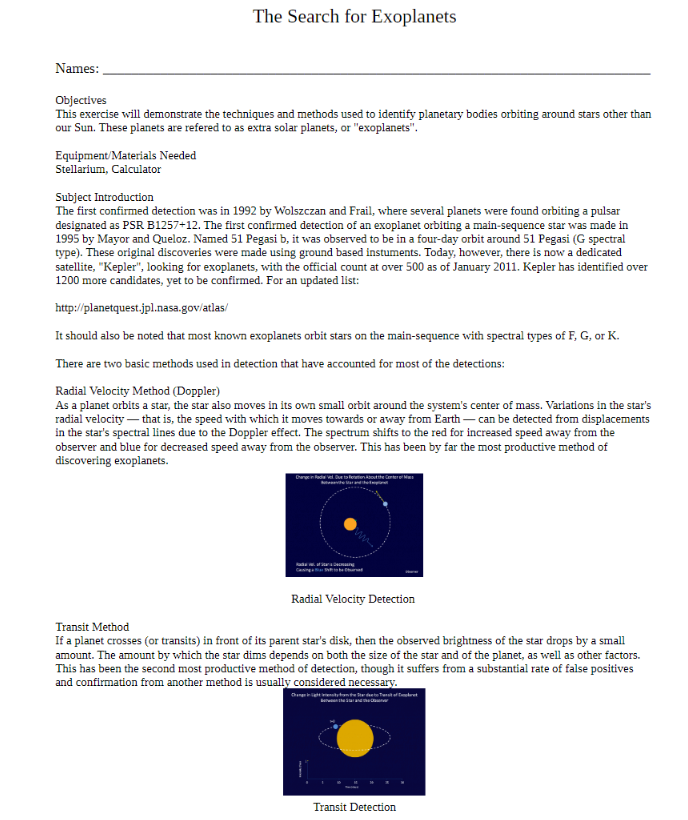 Solved The Search for Exoplanets Names: Objectives This | Chegg.com