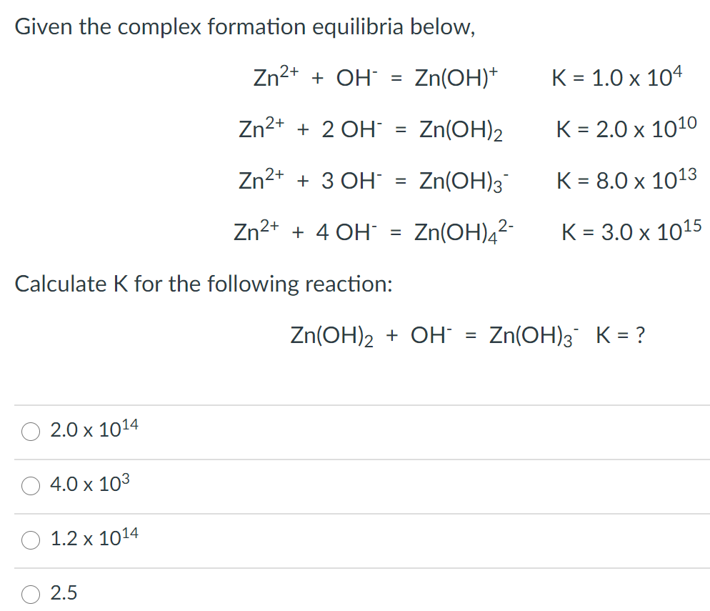 Solved Given the complex formation equilibria below, Zn2+ + | Chegg.com