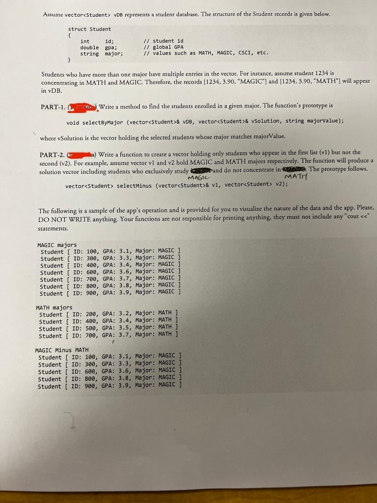 Solved Assume vector VDB represents a student database. The | Chegg.com
