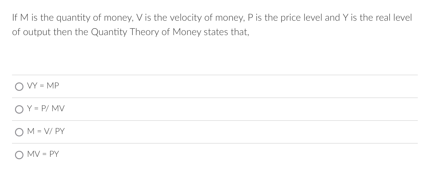 Solved If M ﻿is the quantity of money, V ﻿is the velocity of | Chegg.com
