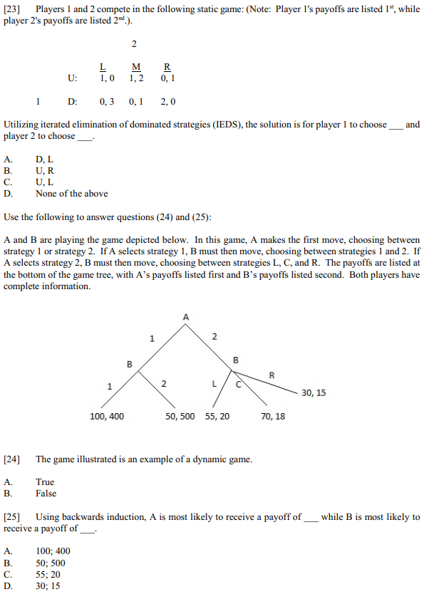 Solved [23] Players 1 and 2 compete in the following static | Chegg.com