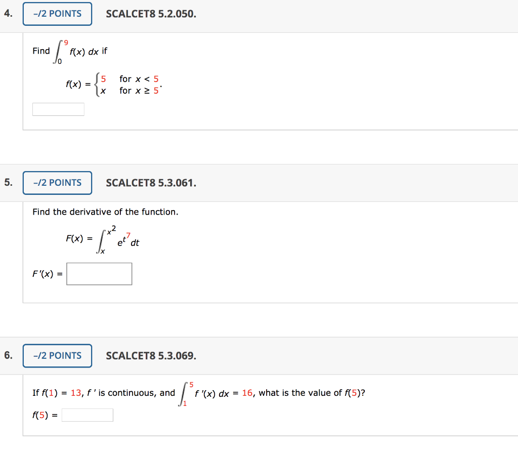 Solved |-/2 POINTS SCALCET8 5.2.050. Find [ f(x) dx if f(x) | Chegg.com