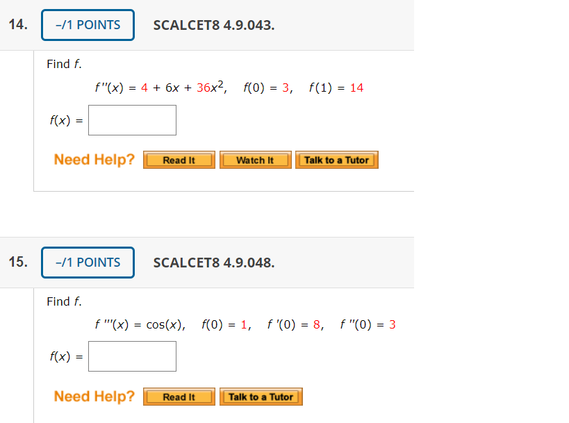 Solved -/1 POINTS SCALCET8 4.9.039. Find f. f"(x) = -2 + 12x | Chegg.com