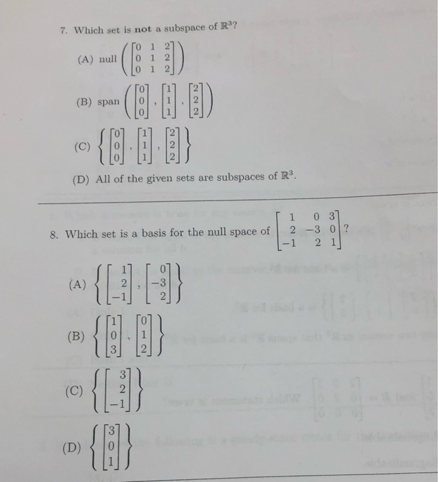 Solved 7. Which set is not a subspace of R37 0 1 27 (A) | Chegg.com