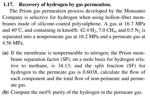 Solved 1.17. Recovery of hydrogen by gas permeation. The | Chegg.com