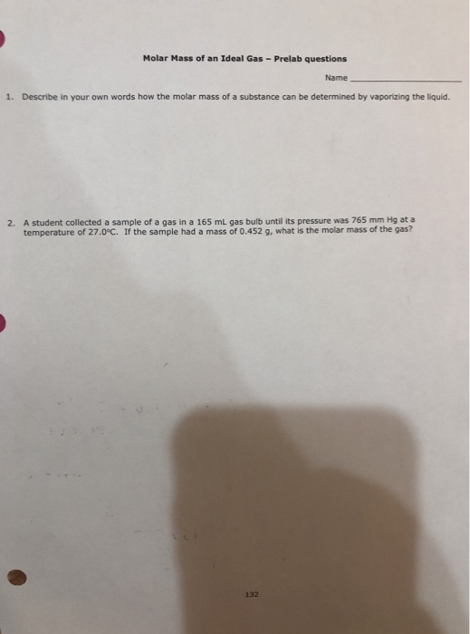 Solved Molar Mass of an Ideal Gas - Prelab questions Name 1. | Chegg.com