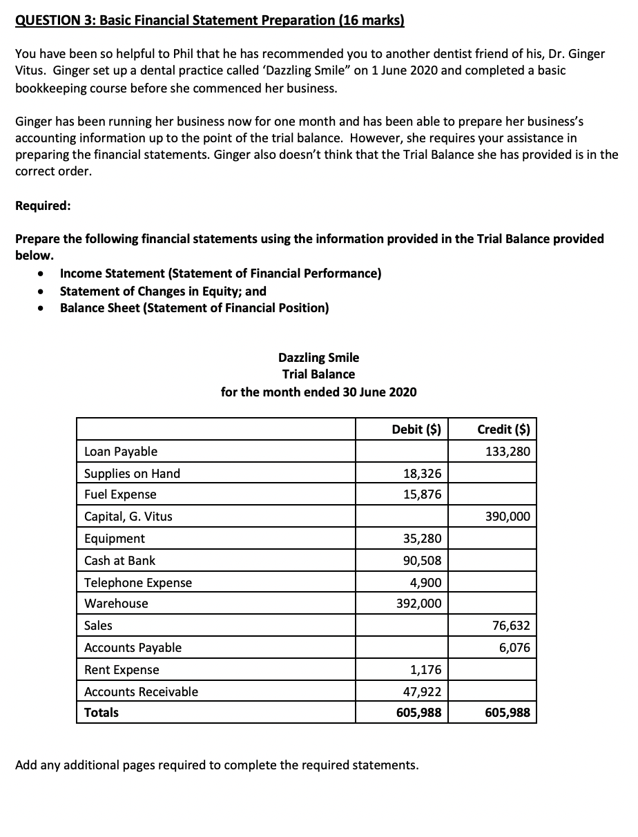 Solved QUESTION 3: Basic Financial Statement Preparation (16 | Chegg.com