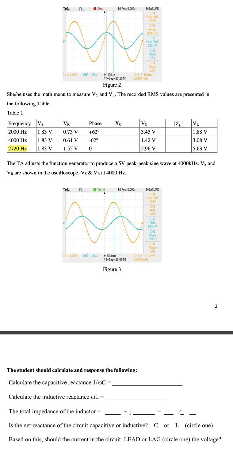 Solved Tek M n. Stop M Pos: 0.000s MEASURE CH1 Cyc RMS 1.84V | Chegg.com