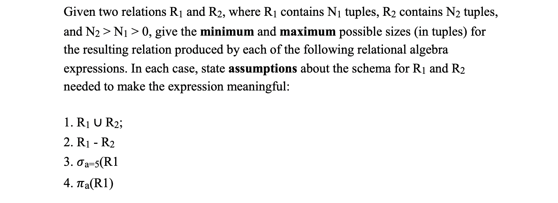 Solved Given two relations R1 and R2, where R1 contains N1 | Chegg.com