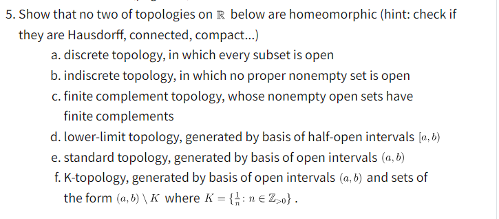 Solved 5. Show that no two of topologies on R below are | Chegg.com
