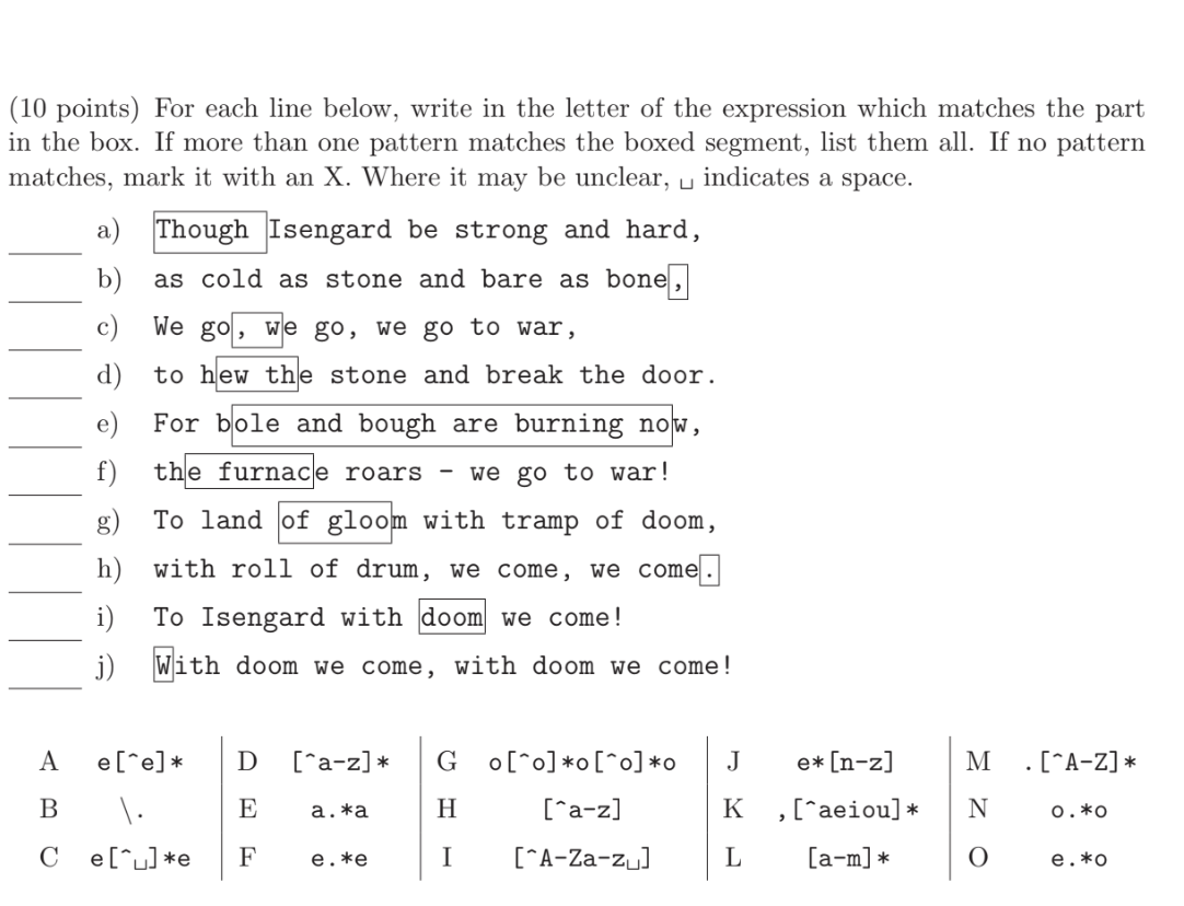 Solved (10 points) For each line below, write in the letter | Chegg.com