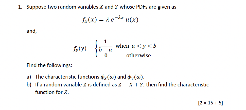 Solved 1. Suppose two random variables X and Y whose PDFs | Chegg.com