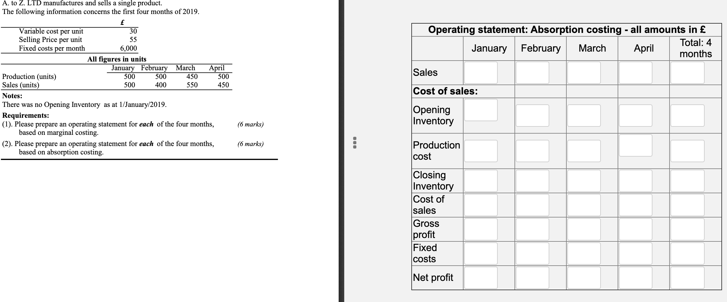 Solved Operating statement: Marginal costing - all amounts | Chegg.com