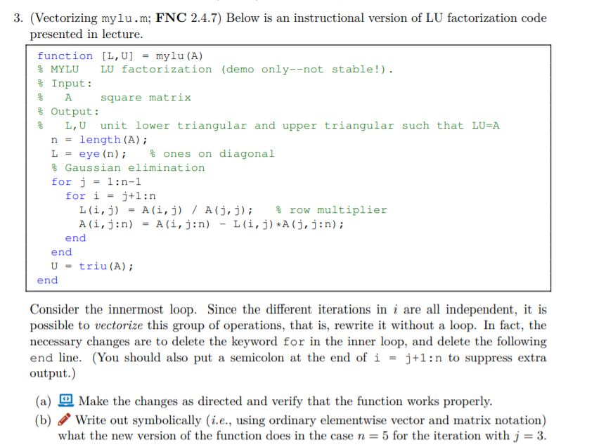 n 3. (Vectorizing mylu.m; FNC 2.4.7) Below is an | Chegg.com
