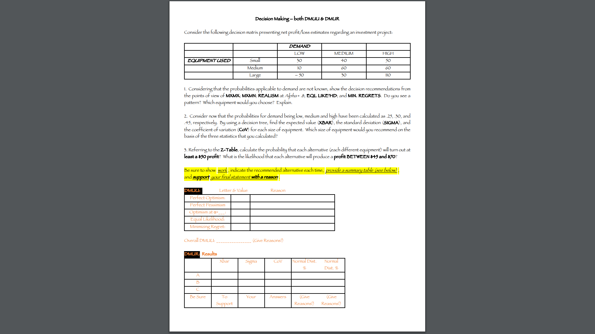Solved Consider the following decision matrix presenting net | Chegg.com