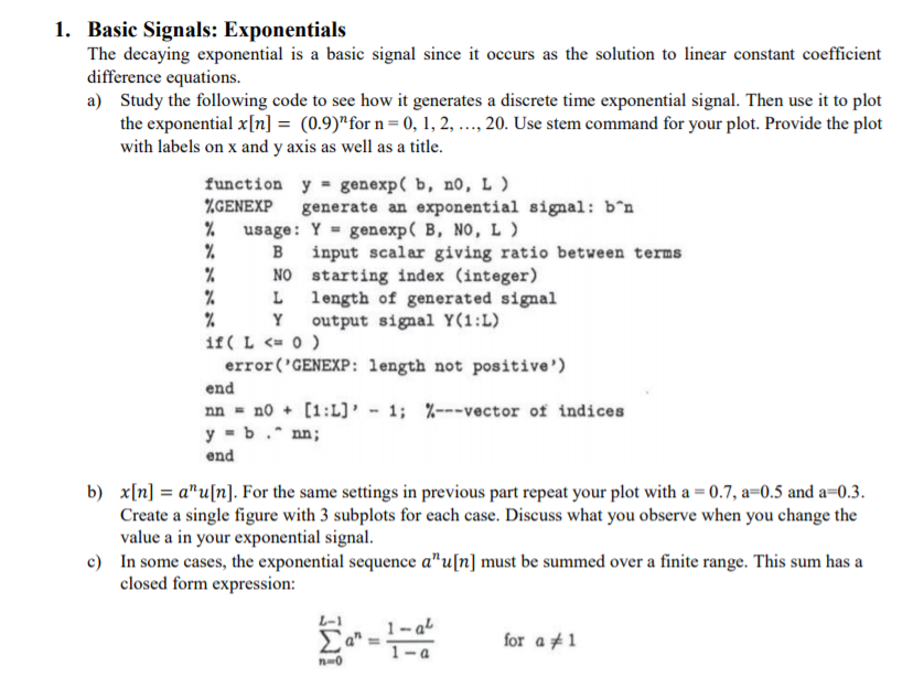 Solved 1. Basic Signals: Exponentials The decaying | Chegg.com