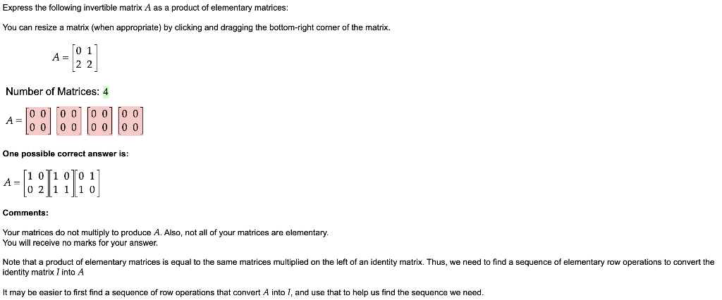 Solved Express the following invertible matrix A as a | Chegg.com