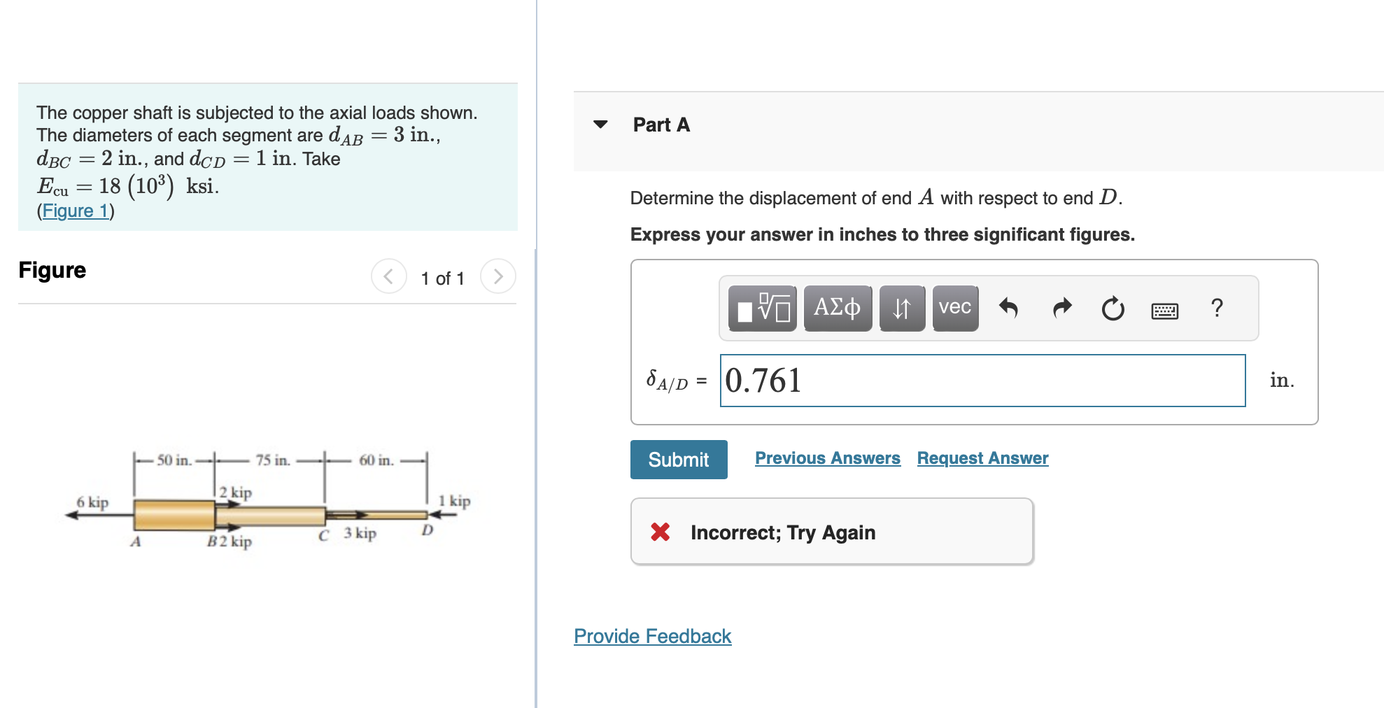 Solved The copper shaft is subjected to the axial loads | Chegg.com