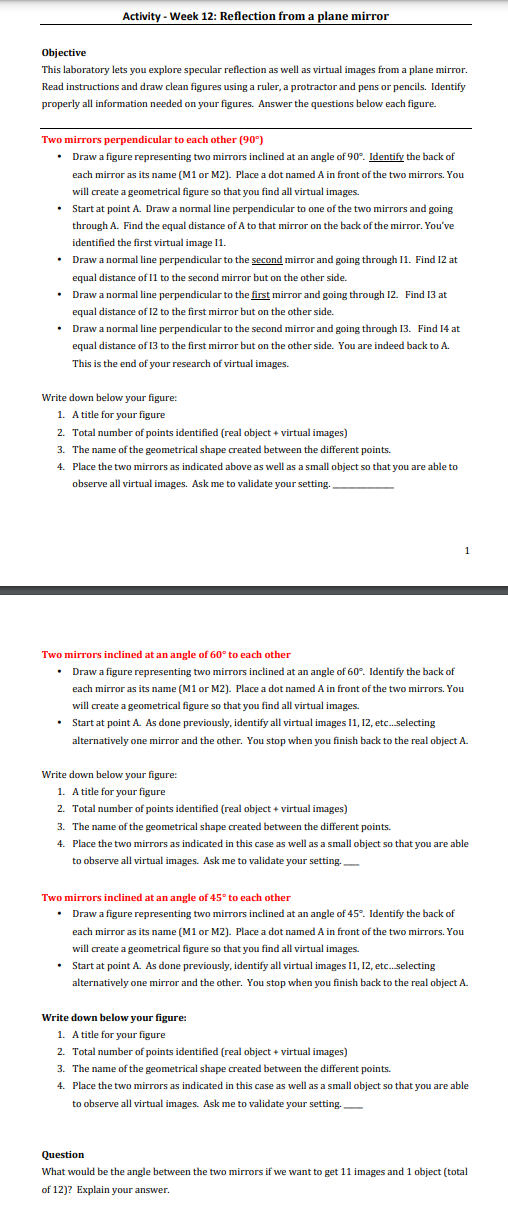 Solved Activity - ﻿Week 12: Reflection from a plane mirror | Chegg.com