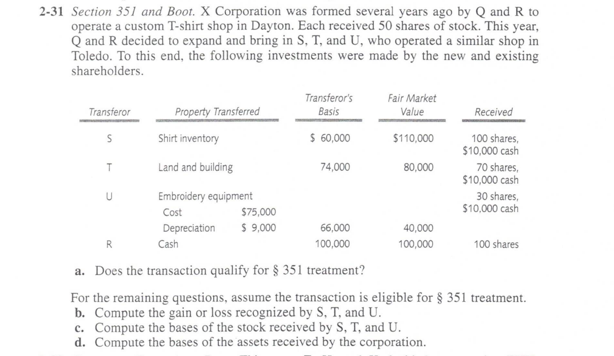 31 Section 351 and Boot. X Corporation was formed | Chegg.com