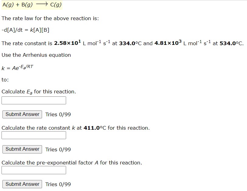 Solved A(g)+B(g) C(g) The rate law for the above reaction | Chegg.com