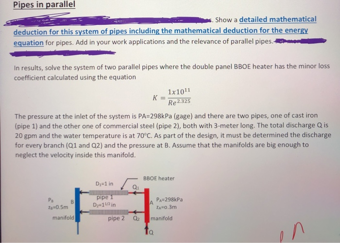 Pipes in parallel Show a detailed mathematical | Chegg.com