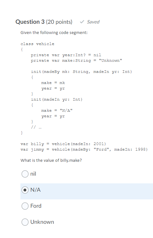 Solved Question 1 (20 points) Saved Given the following | Chegg.com