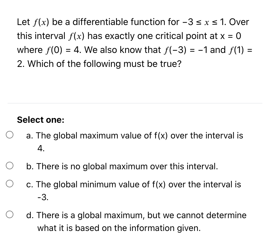 Solved Let f(x) be a differentiable function for -3 sxs 1. | Chegg.com