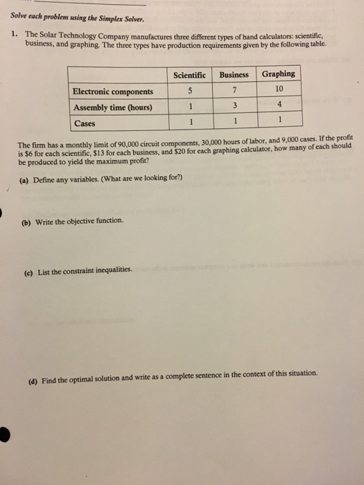 Solved Solve each problem using the Simplex Solver. 1. The | Chegg.com
