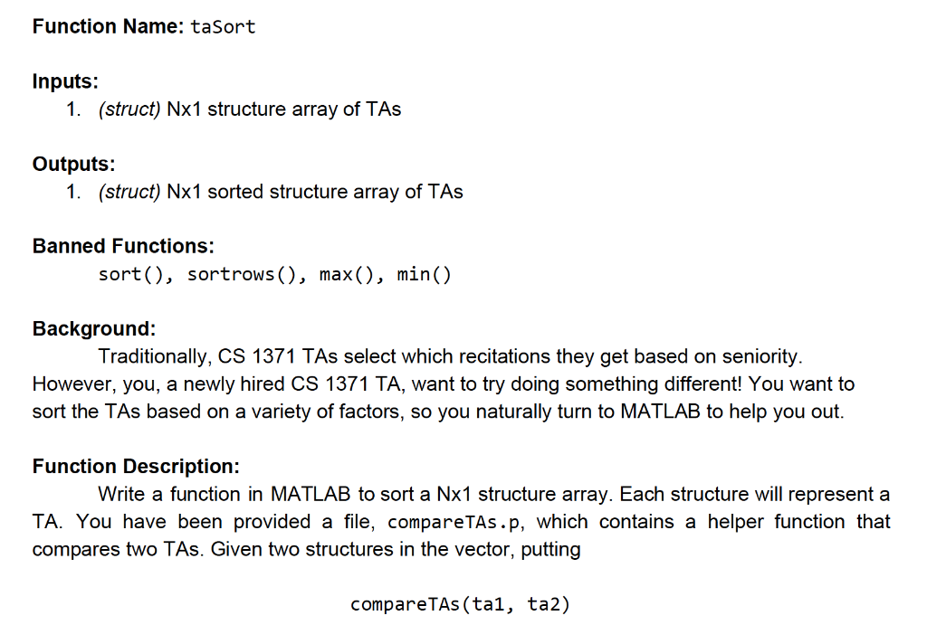 Solved Function Name Ta Sort Inputs 1 Struct Nx1 8410