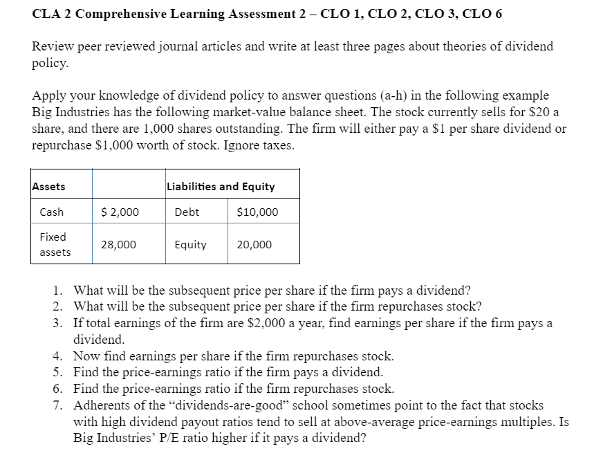 CLA 2 Comprehensive Learning Assessment 2 - CLO 1, | Chegg.com