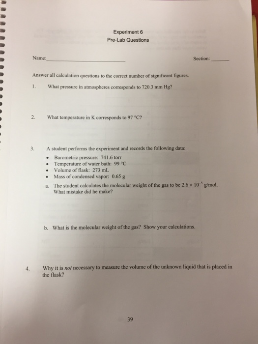 Solved Experiment 6 Pre-Lab Questions Name: Section: Answer | Chegg.com