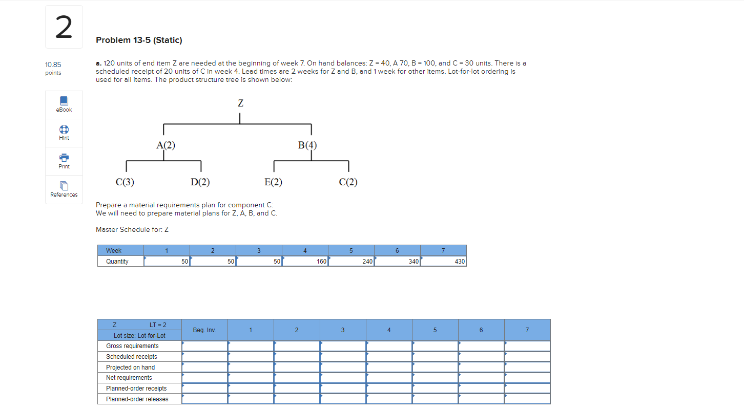 Solved a. 120 units of end item Z are needed at the | Chegg.com