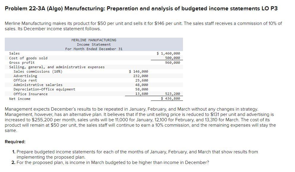 Solved Problem 22-3A (Algo) Manufacturing: Preparation and | Chegg.com
