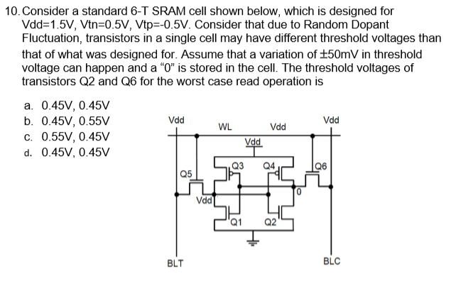 10. Consider a standard 6-T SRAM cell shown below, | Chegg.com