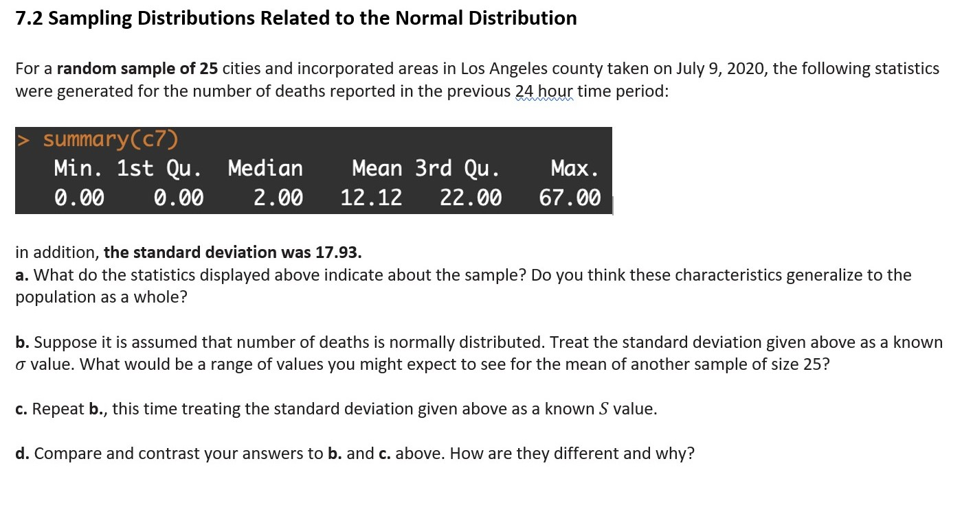 Solved 7.2 Sampling Distributions Related to the Normal | Chegg.com