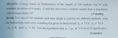 Solved (b) The average marks in Mathematics of the sample of | Chegg.com