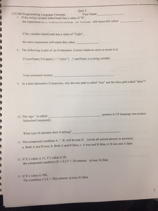 Solved CIT100 Programming Language Concepts Quiz 2 Your | Chegg.com