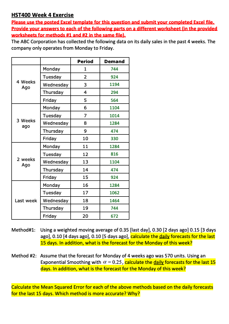 Solved HST400 Week 4 Exercise Please use the posted Excel | Chegg.com